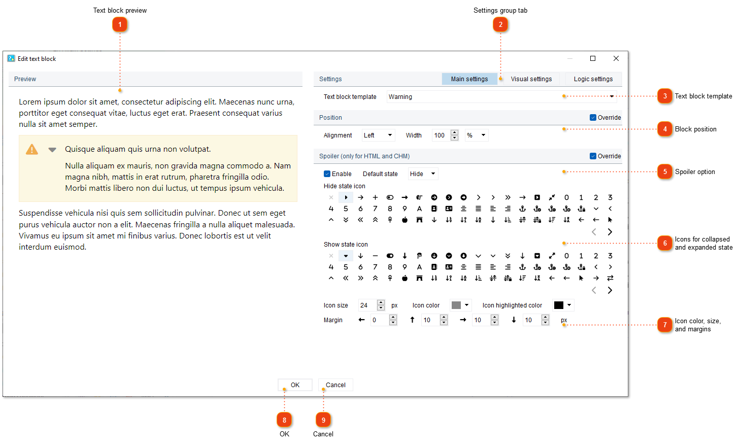 Text block main settings